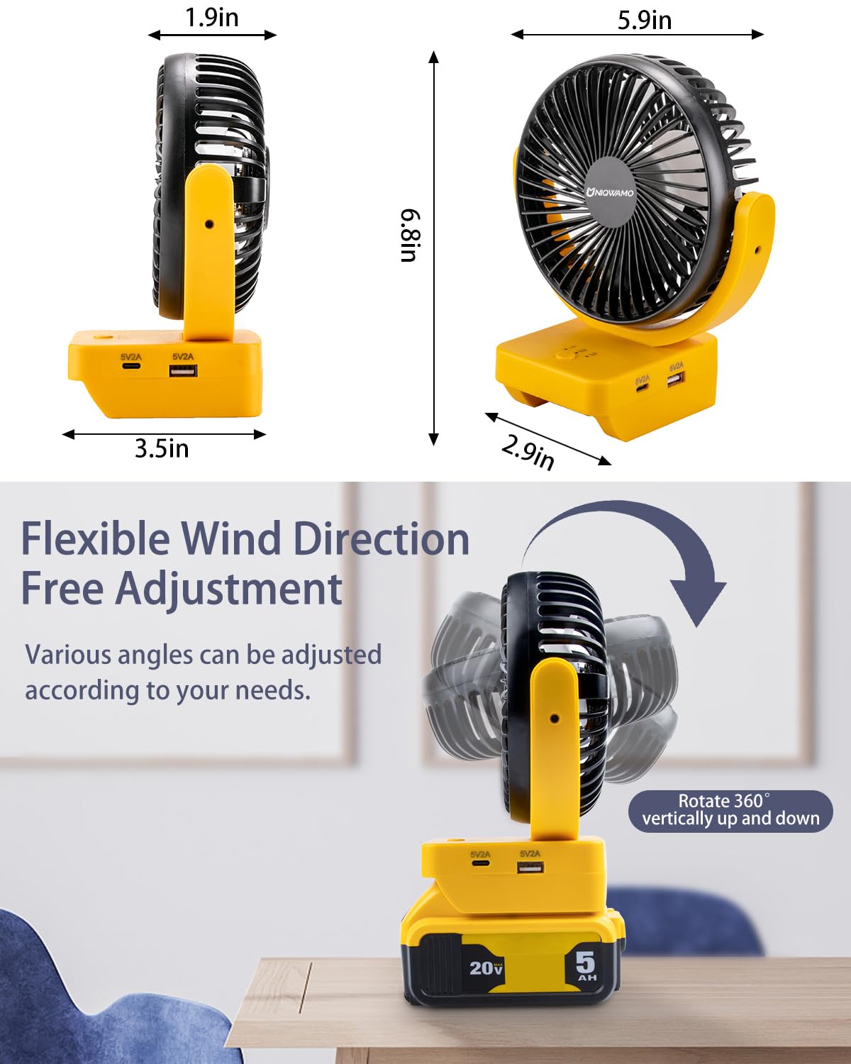 Uniqwamo Jobsite Battery Operated Fan For Dewalt 20V/60V Max DCB204 DCB205 DCB206 DCB203 DCB201 DCB207 DCB180 DCB181 Lithium-Ion Battery, Cordless Fan For Dewalt With 3 Speeds Control，USB +Type C