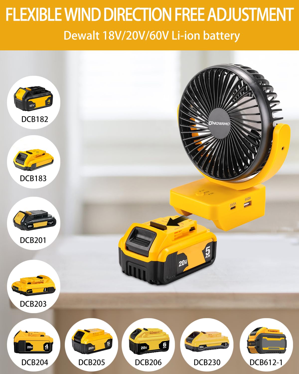 Uniqwamo Jobsite Battery Operated Fan For Dewalt 20V/60V Max DCB204 DCB205 DCB206 DCB203 DCB201 DCB207 DCB180 DCB181 Lithium-Ion Battery, Cordless Fan For Dewalt With 3 Speeds Control，USB +Type C