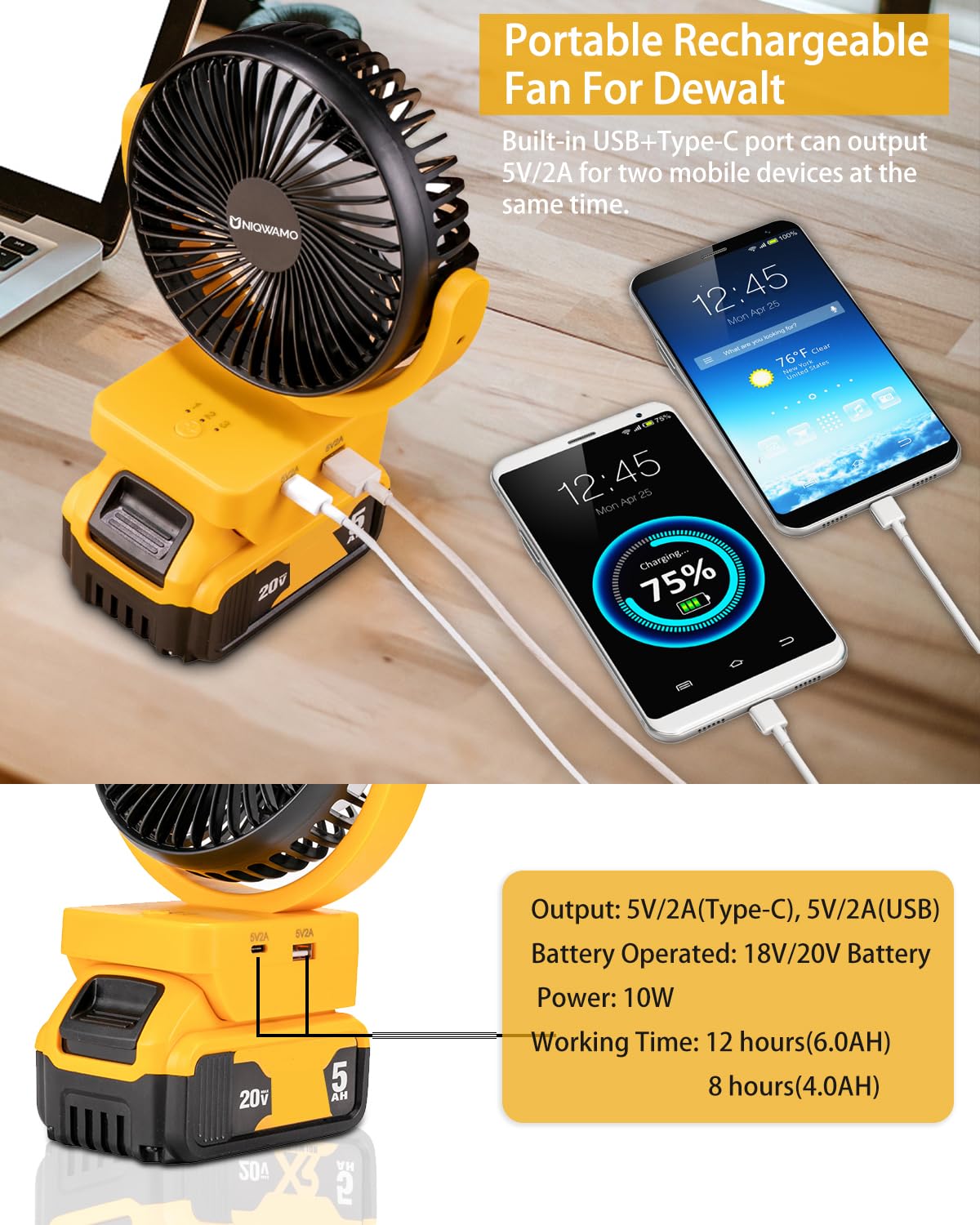 Uniqwamo Jobsite Battery Operated Fan For Dewalt 20V/60V Max DCB204 DCB205 DCB206 DCB203 DCB201 DCB207 DCB180 DCB181 Lithium-Ion Battery, Cordless Fan For Dewalt With 3 Speeds Control，USB +Type C