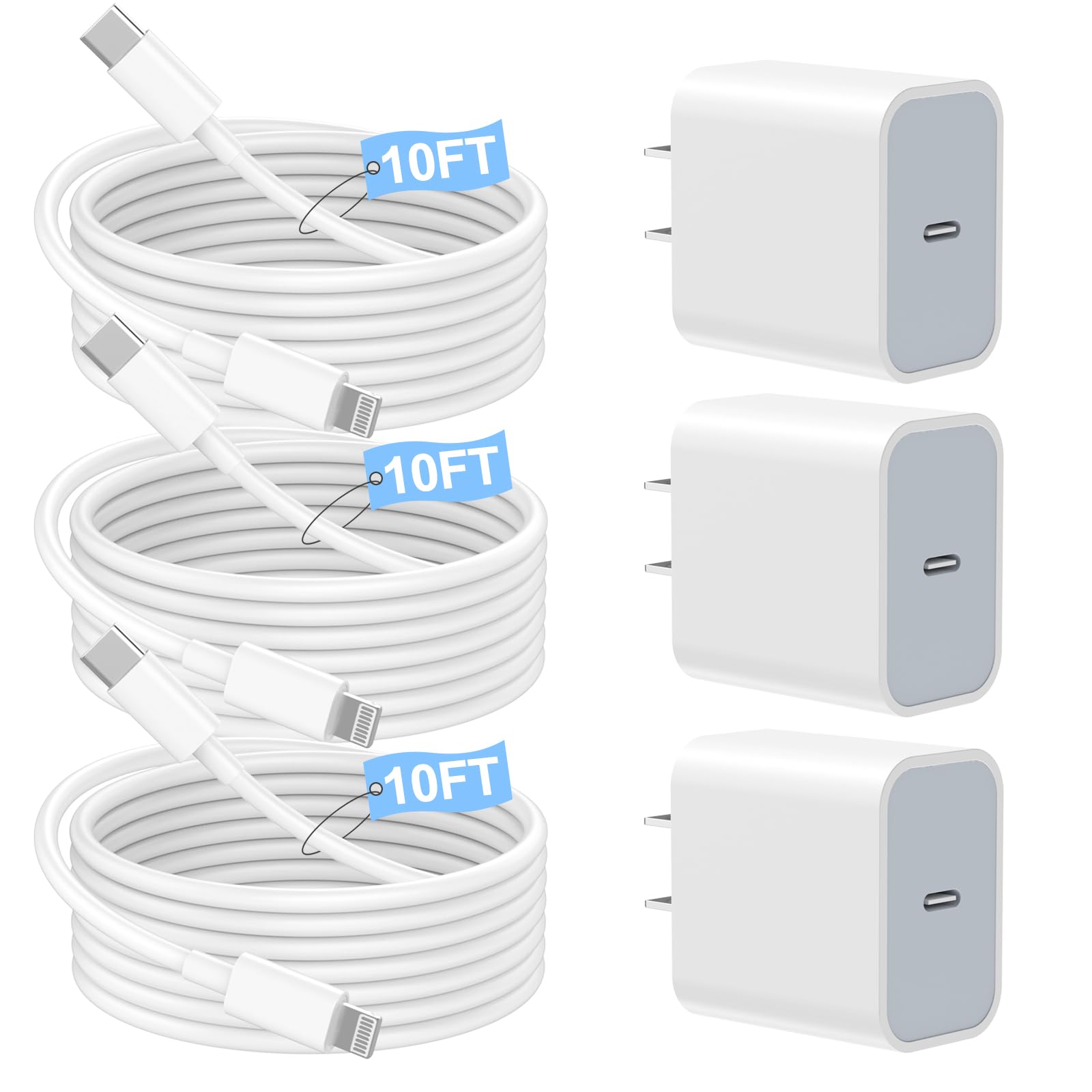 Fast Charger iPhone,3Pack Apple Charger 10 FT iPhone Charger Fast Charging[Apple MFi Certified] USB C Wall Charger,Long 10 Foot USB C to Lightning Cable for iPhone 14 Pro Max/13 Pro/12 MINI/11/SE/XS