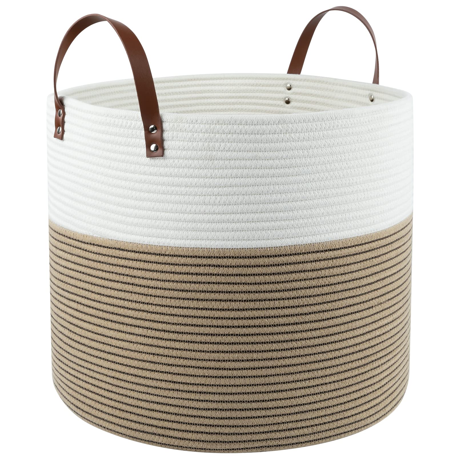 OIAHOMY Laundry Basket- Rope Basket Large Storage Basket with Handles,Modern Decorative Woven Basket for Living Room,Storage Baskets for Toys, Throws, Pillows,and Towels -18" 18"×15"-White&Yellow