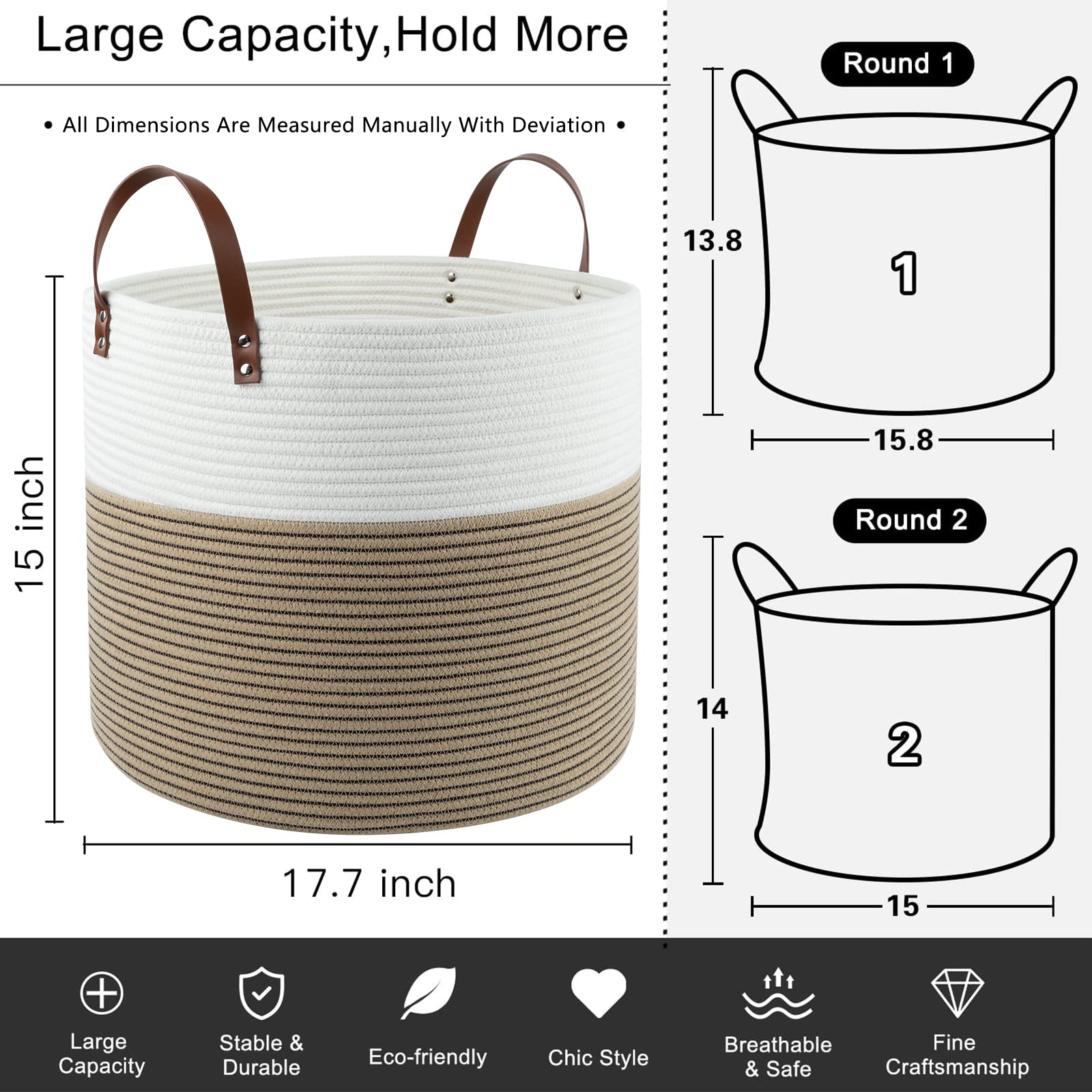 OIAHOMY Laundry Basket- Rope Basket Large Storage Basket with Handles,Modern Decorative Woven Basket for Living Room,Storage Baskets for Toys, Throws, Pillows,and Towels -18" 18"×15"-White&Yellow