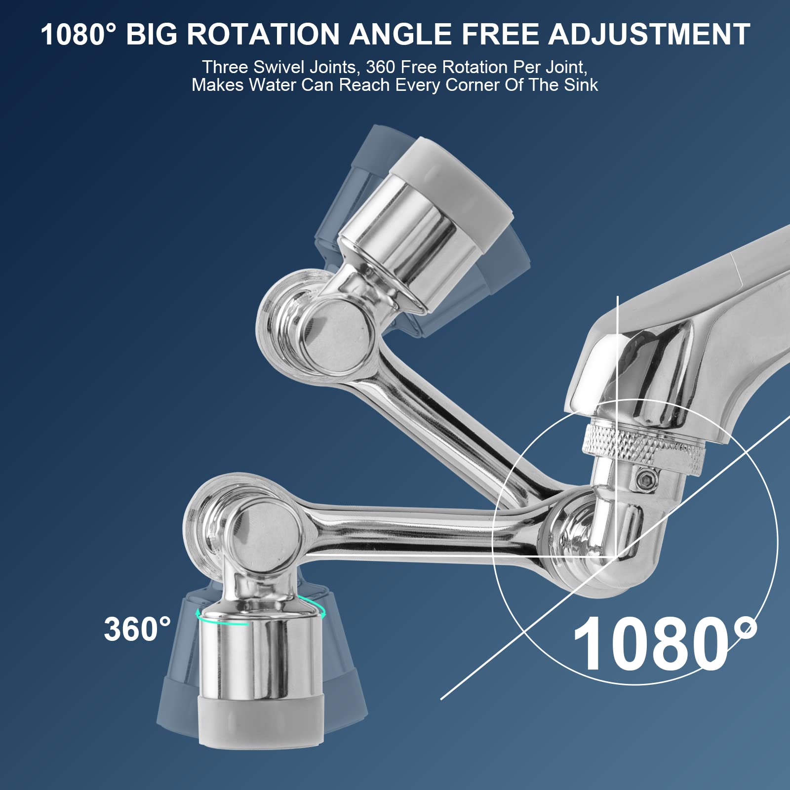 Edulnke 1080° Swivel Faucet Extender, Multifunctional 1080 Degree Rotating Robotic Arm Extension Faucet Aerator, Bigger Angle Splash Filter Faucet Extender Universal Model for Kitchen/Bathroom Sink