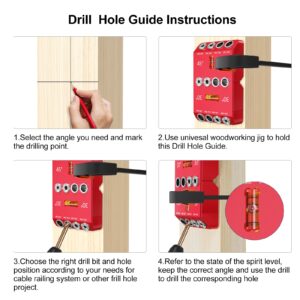 CKE 30 45 90 Degree Angle 4 Sizes Drill Hole Guide Jig with 3 Drill Bits for Angled Straight Hole, Deck Cable Railing Lag Screw Drilling Template Block for Horizontal Cable Wood Post Handrail DG02