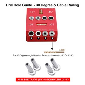 CKE 30 45 90 Degree Angle 4 Sizes Drill Hole Guide Jig with 3 Drill Bits for Angled Straight Hole, Deck Cable Railing Lag Screw Drilling Template Block for Horizontal Cable Wood Post Handrail DG02