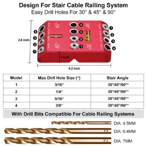 CKE 30 45 90 Degree Angle 4 Sizes Drill Hole Guide Jig with 3 Drill Bits for Angled Straight Hole, Deck Cable Railing Lag Screw Drilling Template Block for Horizontal Cable Wood Post Handrail DG02