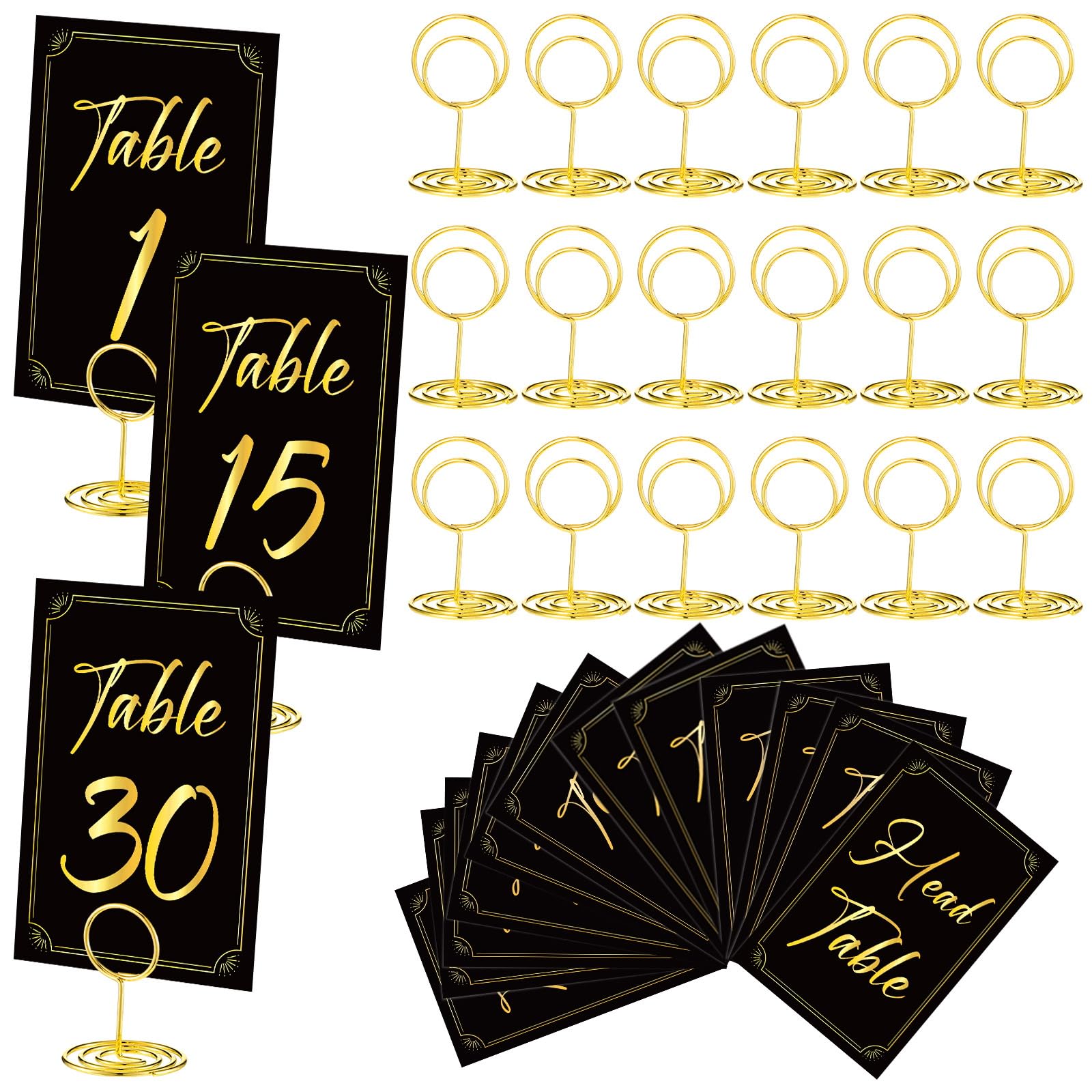 31 Sets Black Table Number Cards with Gold Table Number Holders, 1-30 Table Numbers Cards Head Table Card 2 Inch Gold Place Cards Holder Stands for Wedding Anniversary (Black, Gold)