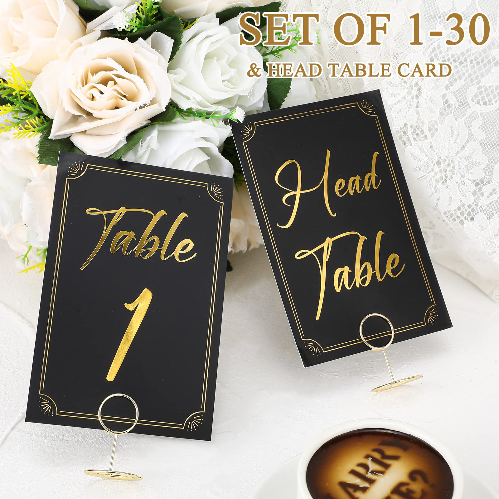 31 Sets Black Table Number Cards with Gold Table Number Holders, 1-30 Table Numbers Cards Head Table Card 2 Inch Gold Place Cards Holder Stands for Wedding Anniversary (Black, Gold)