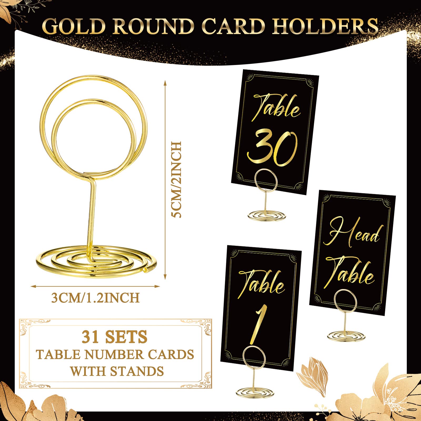 31 Sets Black Table Number Cards with Gold Table Number Holders, 1-30 Table Numbers Cards Head Table Card 2 Inch Gold Place Cards Holder Stands for Wedding Anniversary (Black, Gold)