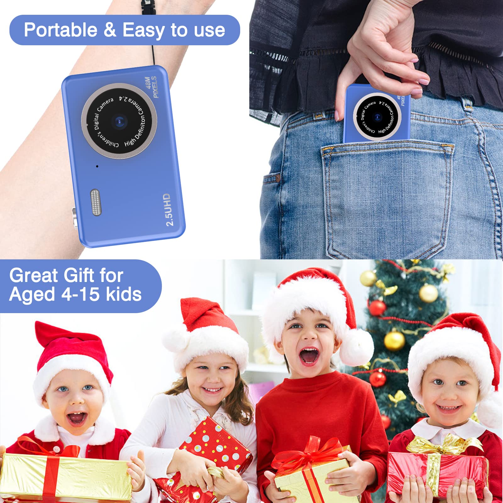 PUMIUI Digital Camera,48MP Kids Camera FHD 1080P,Vlogging Camera,Rechargeable Mini Camera with 32GB Card,Compact Portable Mini Rechargeable Camera Gifts for Students Teens Girls Boys-Deep Blue