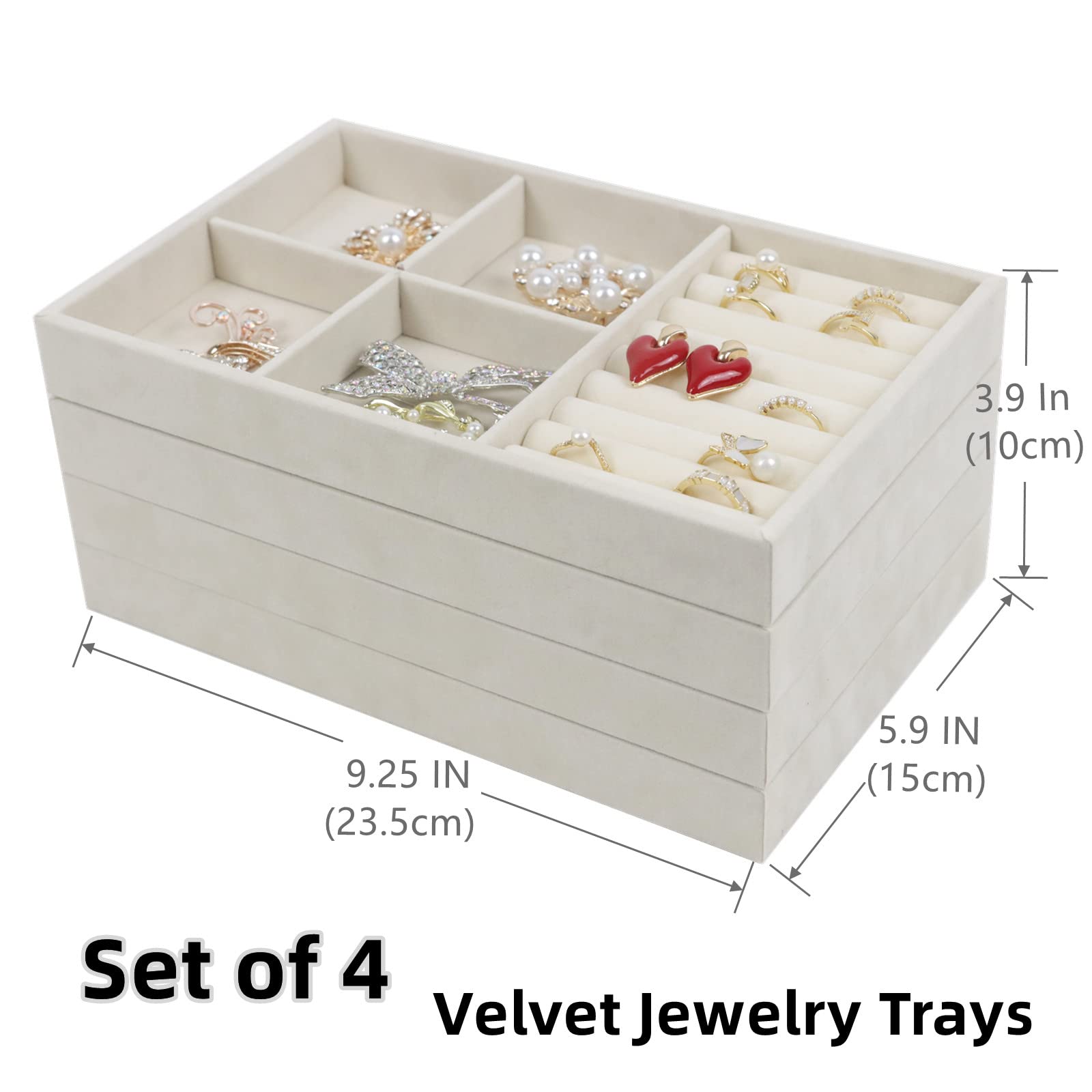 Set of 4 Stackable Jewelry Trays Organizer, Velvet Earring Organizer, Jewelry Organizer Showcase Display Drawer Organizer Storage, Earring Holder Necklace Bracelet Ring Accessary Organizers (Beige)