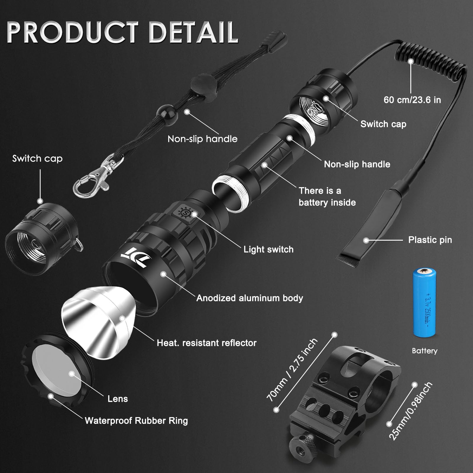 TDT 3000 Lumen Tactical Flashlight LED Tactical Light Comes with IPX7 Waterproof, 2 Switch Modes, 5 Modes Super Bright, Rechargeable Picatinny Flashlight for Tactical and Outdoor Scenes