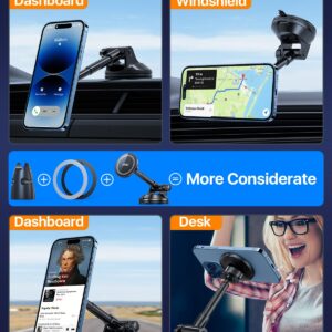 2024 Upgraded for Magsafe Car Mount【True Military-Grade 360°Suction Cup】 Handsfree Powerful Magnetic Cell Phone Holder for Car Dashboard Windshield for iPhone 15 14 Pro Max Mini,Black