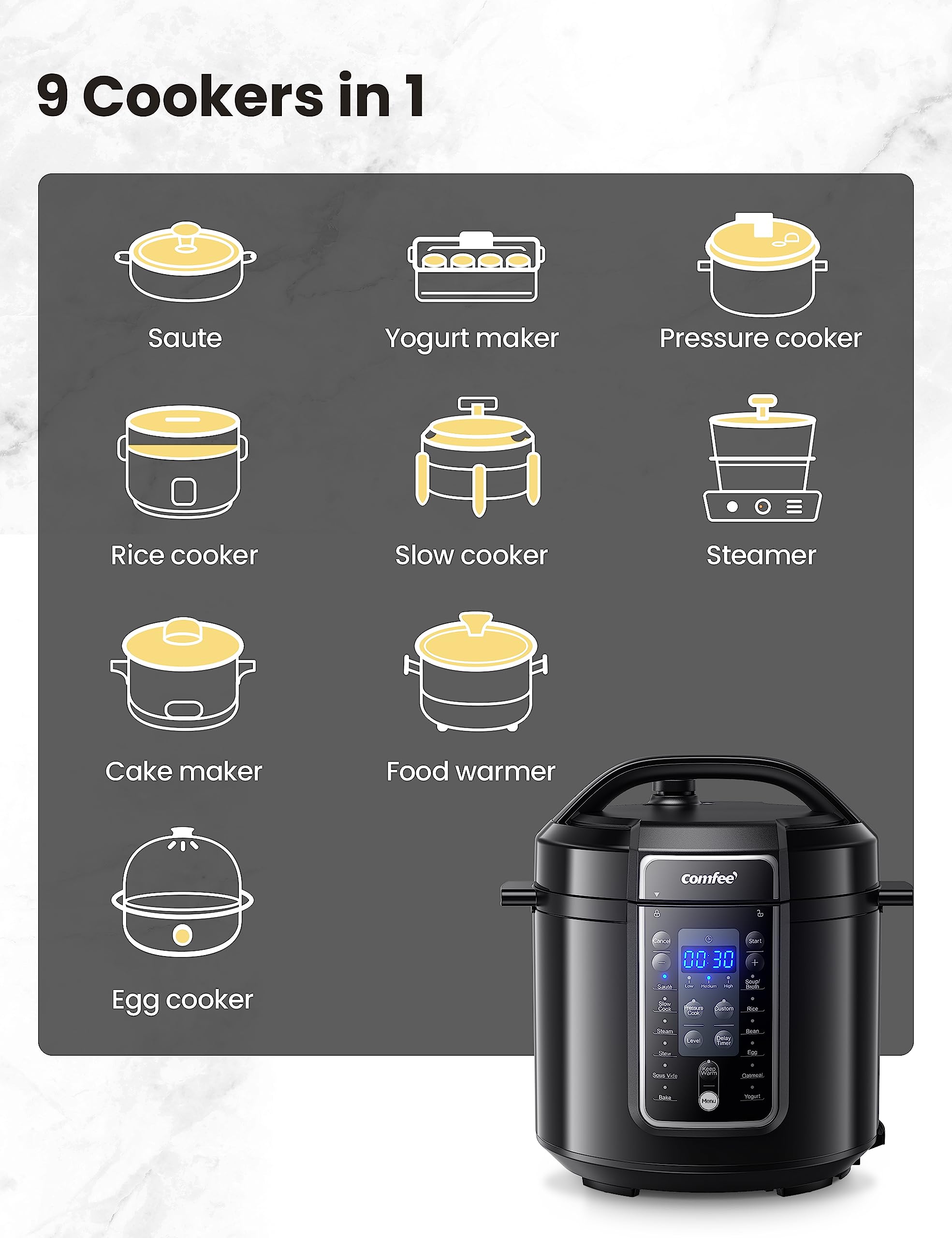 COMFEE’ 9-in-1 Electric Pressure Cooker 14 Presets Instant Multi Cooker Olla de Presion Non-Stick Pot Yogurt Maker Rice Cooker Slow Cooker Sauté Steamer 6 Quarts Black, Aluminum