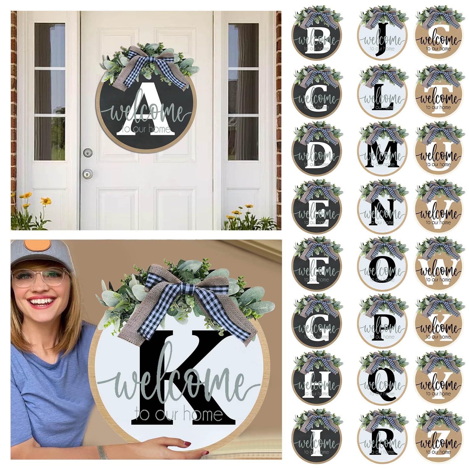 Initial Last Name Year Round Front Door Wreath, Round Unique Welcome Sign Garland with Bow, Farmhouse Creative 26 Letter Front Door Wreath for All Seasons, Outside Hanger Spring Decor Gift (J)