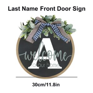 Initial Last Name Year Round Front Door Wreath, Round Unique Welcome Sign Garland with Bow, Farmhouse Creative 26 Letter Front Door Wreath for All Seasons, Outside Hanger Spring Decor Gift (J)