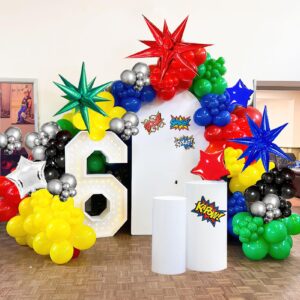 Super hero Balloon garland kit 150+Pcs Red blue green yellow black balloons and starburst balloons for Comic Book Theme Super man Cartoon Birthday Party decorations