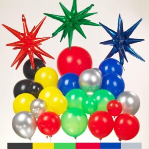 Super hero Balloon garland kit 150+Pcs Red blue green yellow black balloons and starburst balloons for Comic Book Theme Super man Cartoon Birthday Party decorations