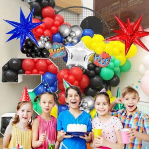 Super hero Balloon garland kit 150+Pcs Red blue green yellow black balloons and starburst balloons for Comic Book Theme Super man Cartoon Birthday Party decorations