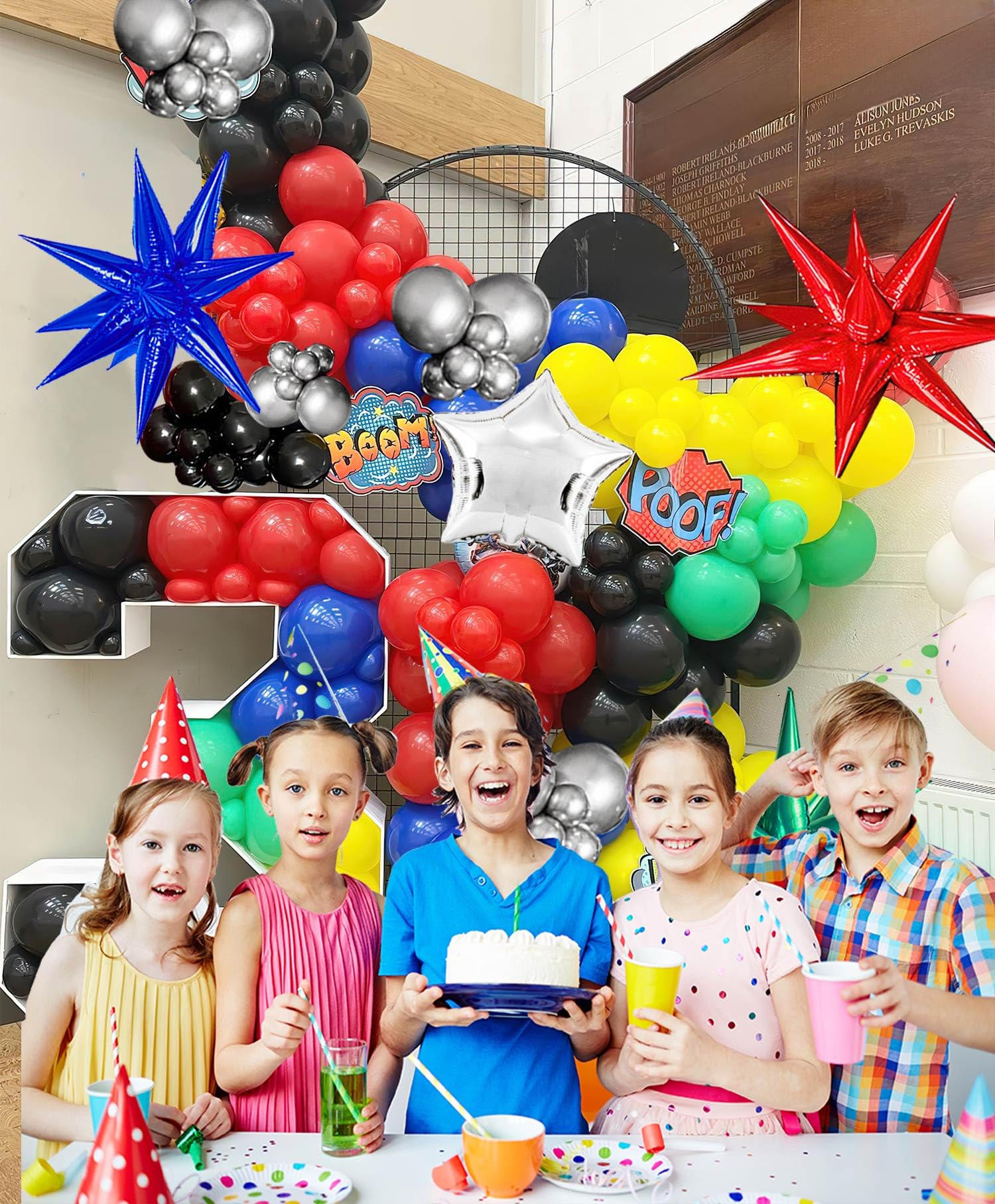 Super hero Balloon garland kit 150+Pcs Red blue green yellow black balloons and starburst balloons for Comic Book Theme Super man Cartoon Birthday Party decorations