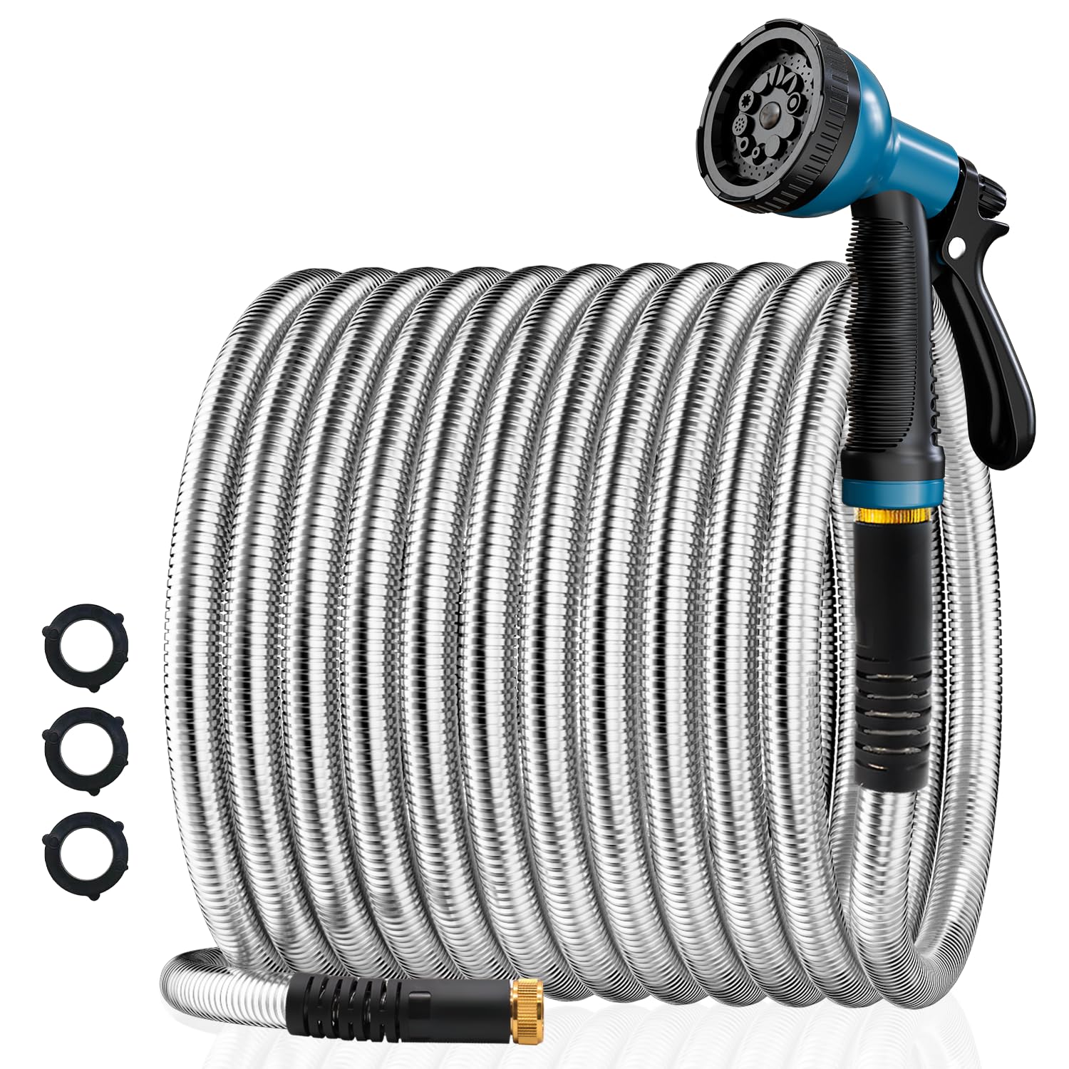 Besiter Garden Hose 50FT Stainless Steel Water Hose with 10 Functions Adjustable Spray Nozzle, Heavy-Duty Metal Garden Hose Flexible Durable No-Tangle & Kink Leak Dog Proof Hose for Yard Lawn(Blue)