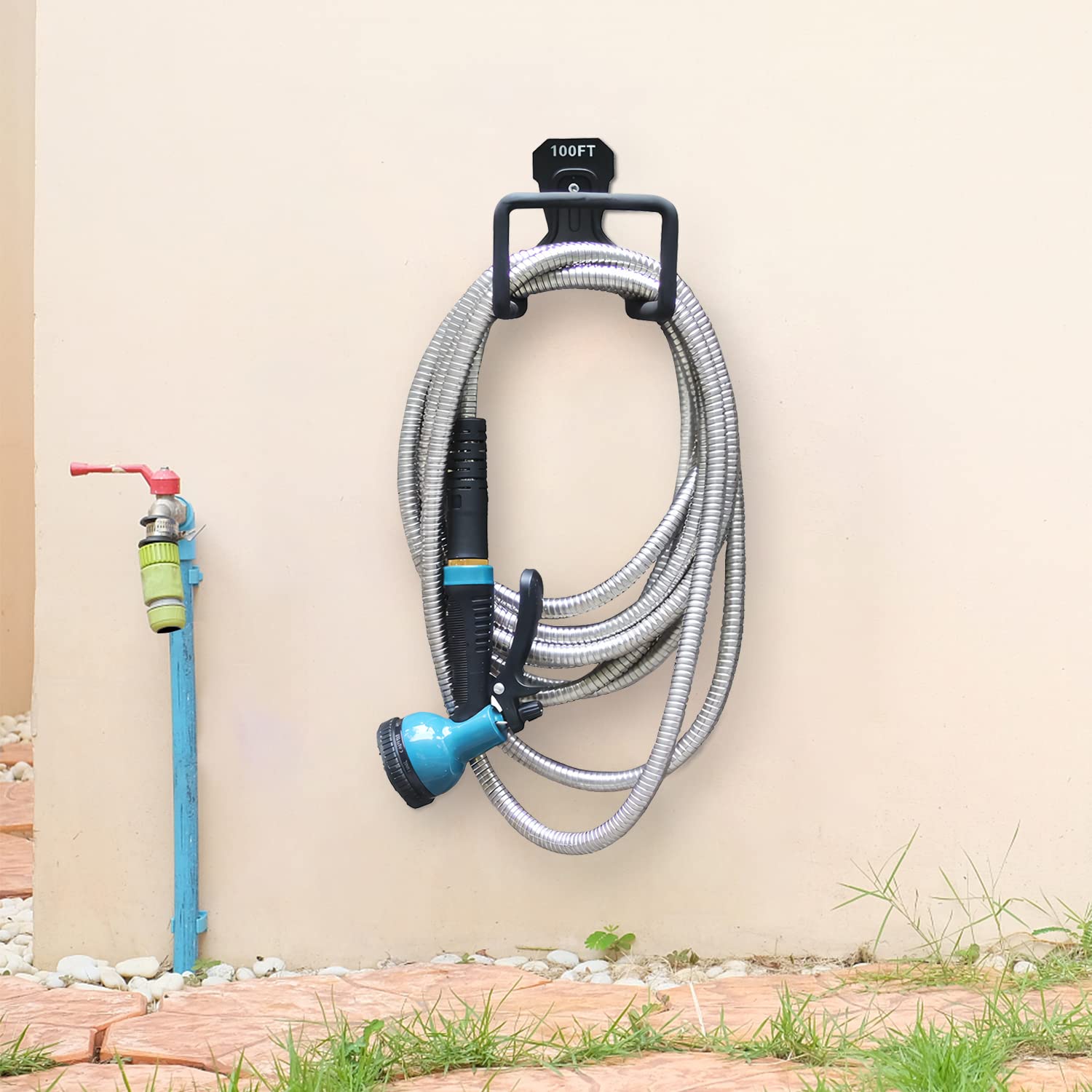 Besiter Garden Hose 50FT Stainless Steel Water Hose with 10 Functions Adjustable Spray Nozzle, Heavy-Duty Metal Garden Hose Flexible Durable No-Tangle & Kink Leak Dog Proof Hose for Yard Lawn(Blue)