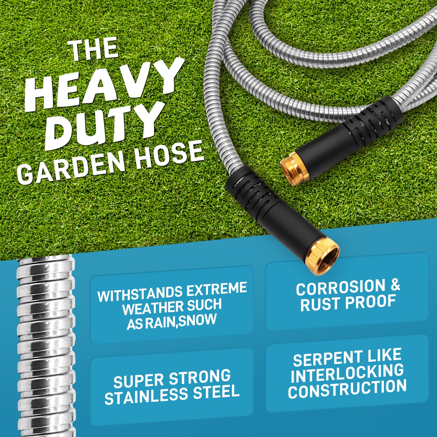 Besiter Garden Hose 50FT Stainless Steel Water Hose with 10 Functions Adjustable Spray Nozzle, Heavy-Duty Metal Garden Hose Flexible Durable No-Tangle & Kink Leak Dog Proof Hose for Yard Lawn(Blue)