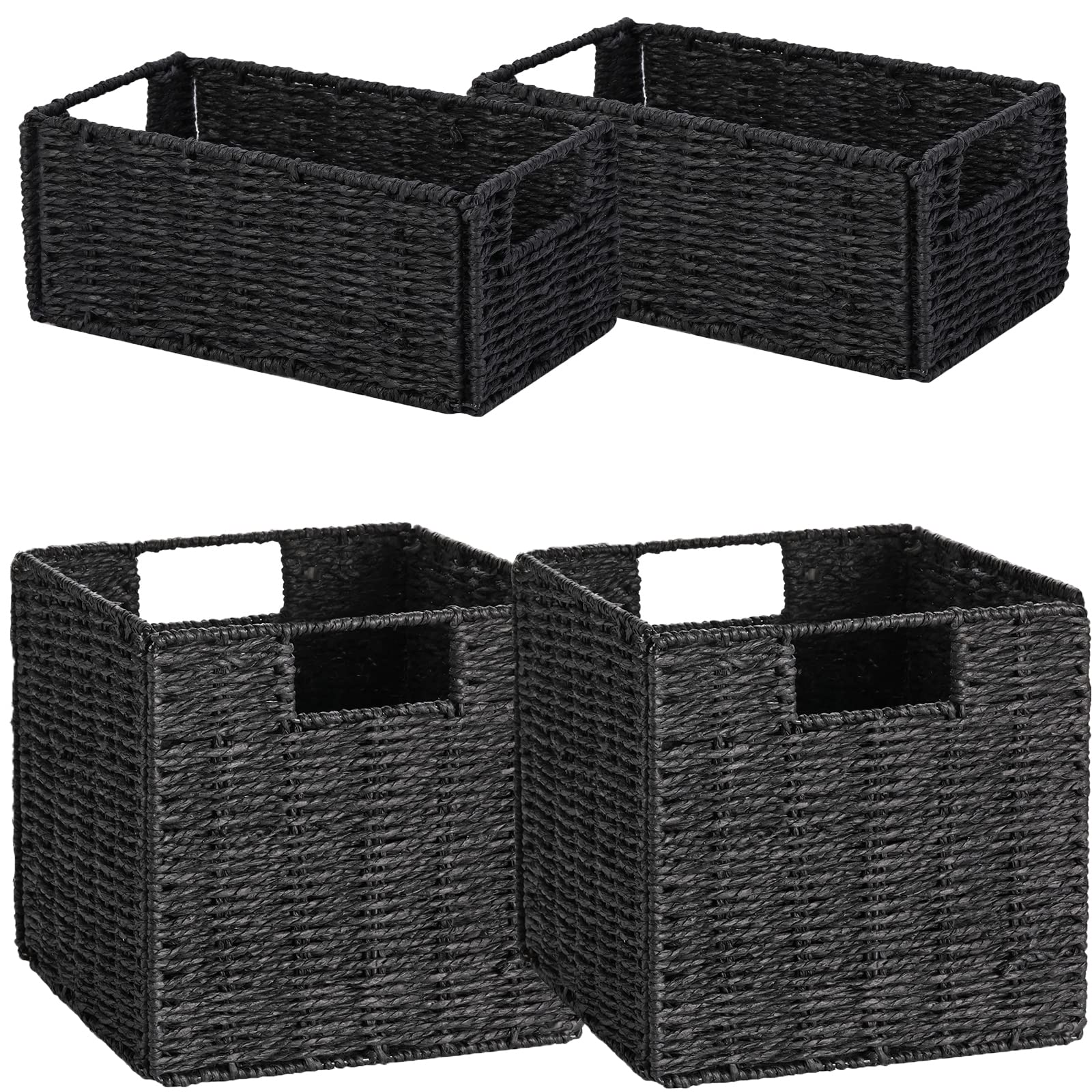 Vagusicc Storage Basket, Hand-Woven Paper Rope Wicker Baskets, Foldable Storage Bins, Large and Small Wicker Storage Square Baskets for Shelves Organizing & Decor, Black