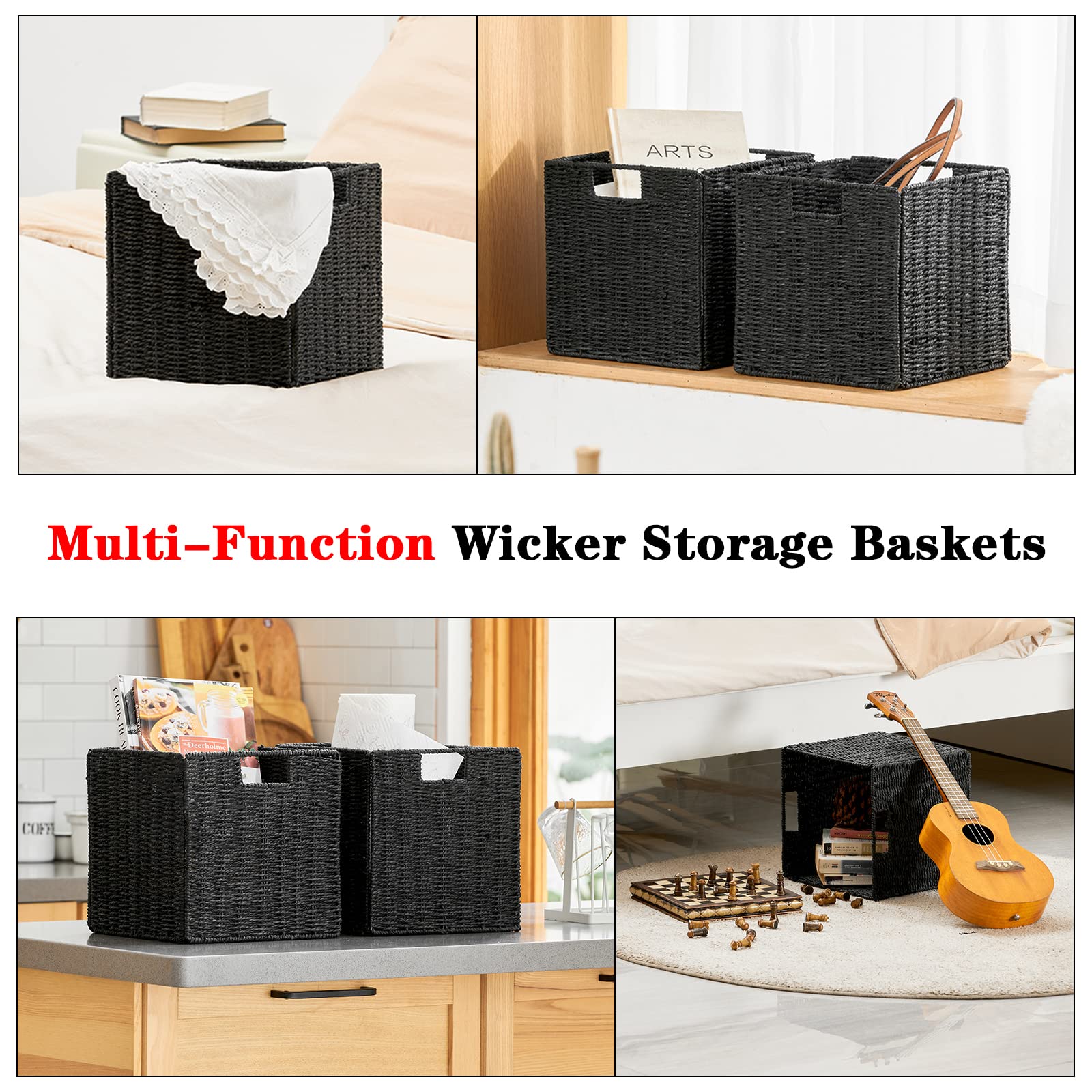 Vagusicc Storage Basket, Hand-Woven Paper Rope Wicker Baskets, Foldable Storage Bins, Large and Small Wicker Storage Square Baskets for Shelves Organizing & Decor, Black