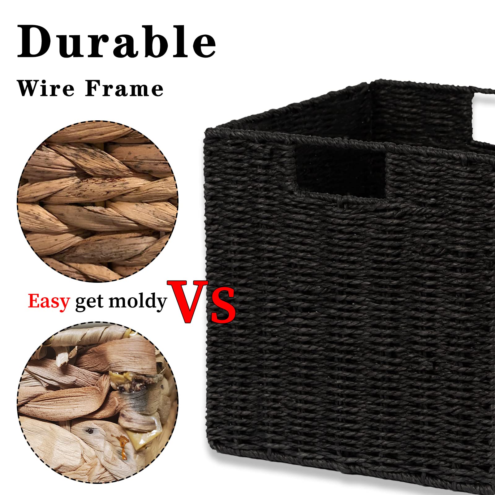 Vagusicc Storage Basket, Hand-Woven Paper Rope Wicker Baskets, Foldable Storage Bins, Large and Small Wicker Storage Square Baskets for Shelves Organizing & Decor, Black