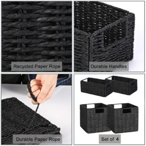 Vagusicc Storage Basket, Hand-Woven Paper Rope Wicker Baskets, Foldable Storage Bins, Large and Small Wicker Storage Square Baskets for Shelves Organizing & Decor, Black