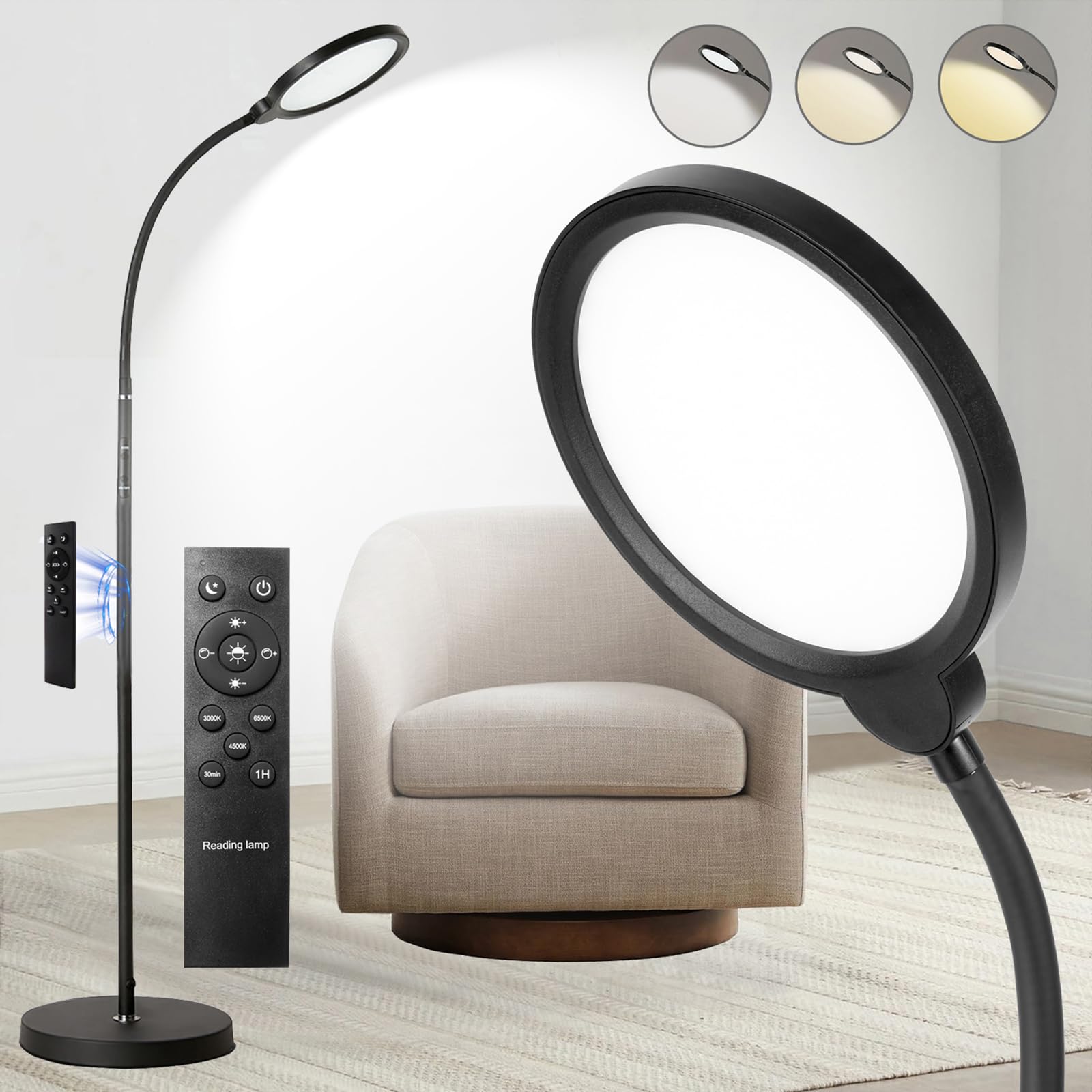 YOPSTAR Floor Lamp, LED Reading Light, Bright Modern Tall Lamp, 3 Color Temperatures & Brightness, Adjustable Gooseneck Standing Lamp with Remote & Touch Control for Living Room, Bedroom, Office