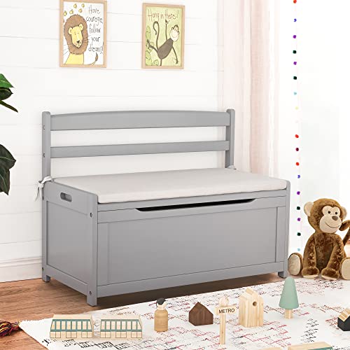 Curipeer Kids Toy Box Chest, Gray Rubber Wood Toy Box for Boys Girls, Large Storage Cabinet with Cushion Seat Bench/Flip-Top Lid/Safety Hinge, Toy Storage Organizer Trunk for Nursery, Playroom