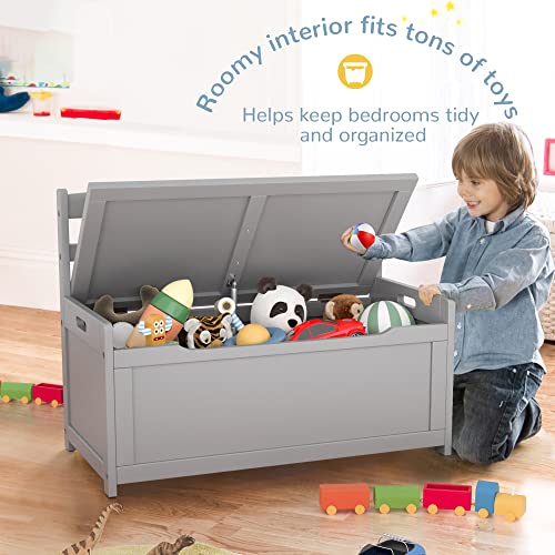 Curipeer Kids Toy Box Chest, Gray Rubber Wood Toy Box for Boys Girls, Large Storage Cabinet with Cushion Seat Bench/Flip-Top Lid/Safety Hinge, Toy Storage Organizer Trunk for Nursery, Playroom