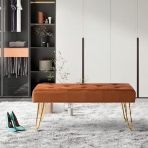 simtonal velvet end of bed bench upholstered button tufted bench entryway for bedroom and living room, brown