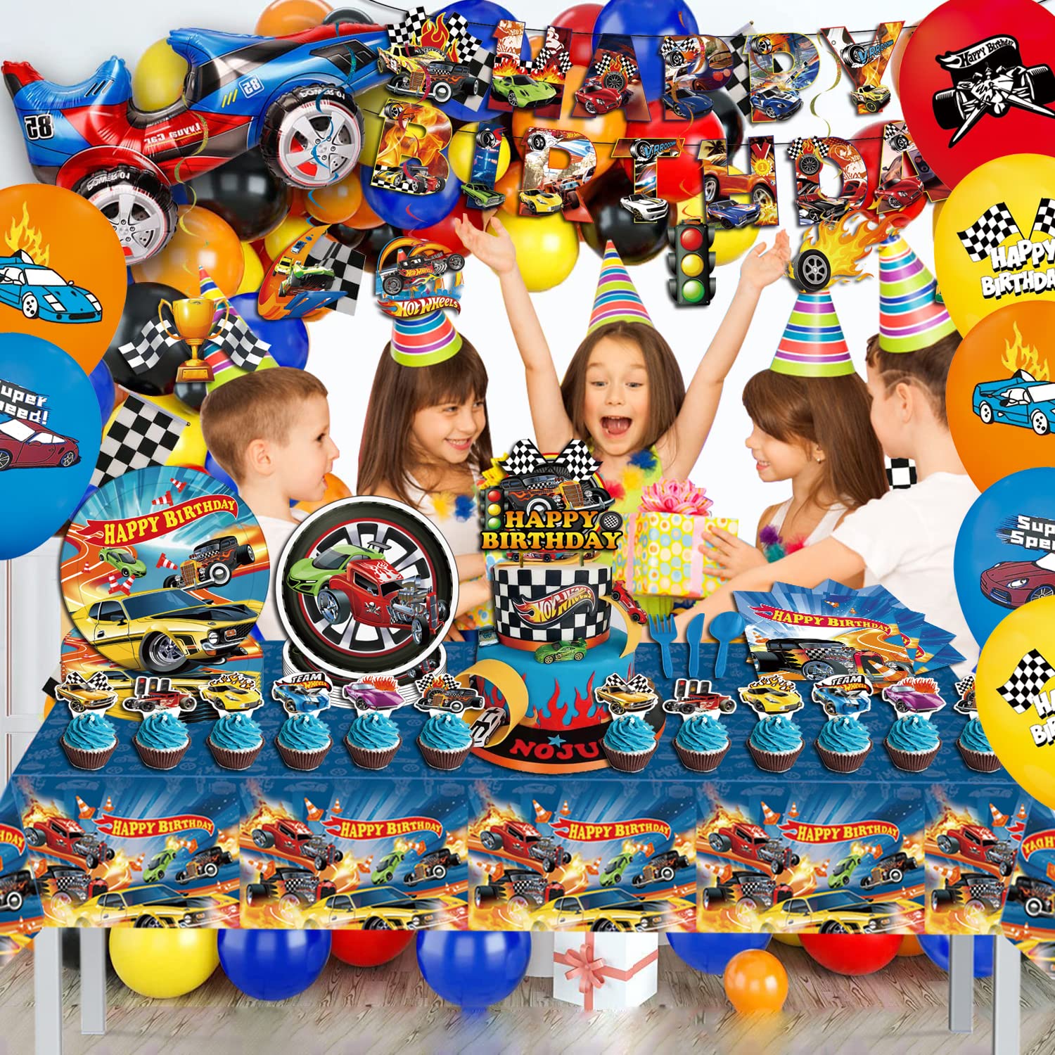 147 Pcs Hot Car Birthday Party Supplies,Included Banner,Hanging Swirls,Tablecloth,Cake Topper,Cupcake Toppers,Gift Bag, Invitation Card,Balloon,Racing Car Tableware Set for Boy Party Decorations