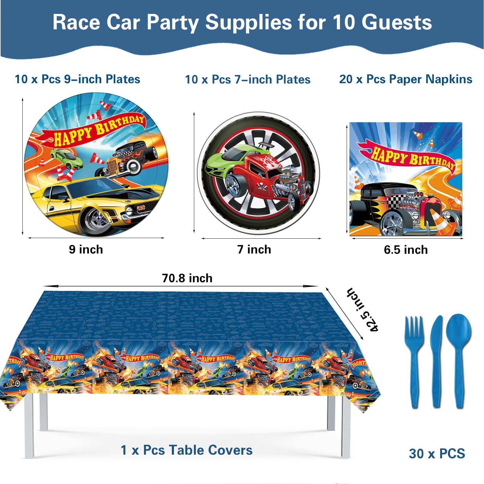 147 Pcs Hot Car Birthday Party Supplies,Included Banner,Hanging Swirls,Tablecloth,Cake Topper,Cupcake Toppers,Gift Bag, Invitation Card,Balloon,Racing Car Tableware Set for Boy Party Decorations