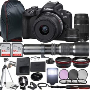 canon eos r50 mirrorless camera w/rf-s 18-45mm f/4.5-6.3 is stm lens + ef 75-300mm f/4-5.6 iii lens + 500mm f/8 focus lens + 2x 64gb memory + case + filters + more (35pc bundle)