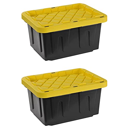 Juggernaut Storage Multipurpose 5 Gallon Lockable Plastic Storage Tote with Secure Snap Fitting Lid for Home Organization, Black/Yellow (Set of 2)