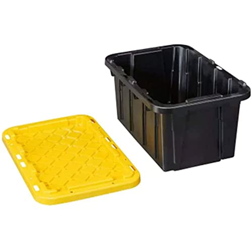 Juggernaut Storage Multipurpose 5 Gallon Lockable Plastic Storage Tote with Secure Snap Fitting Lid for Home Organization, Black/Yellow (Set of 2)