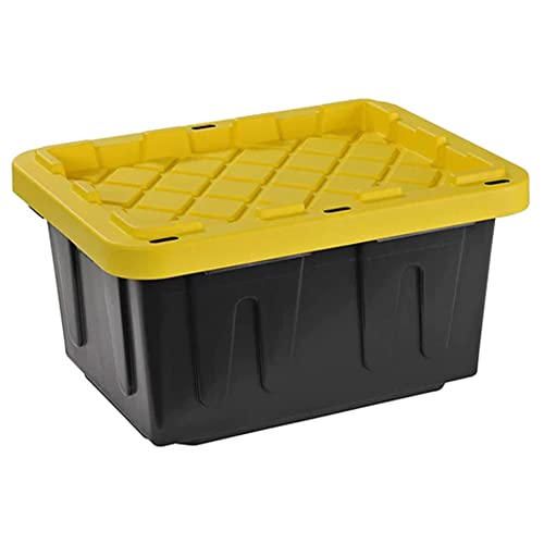 Juggernaut Storage Multipurpose 5 Gallon Lockable Plastic Storage Tote with Secure Snap Fitting Lid for Home Organization, Black/Yellow (Set of 2)