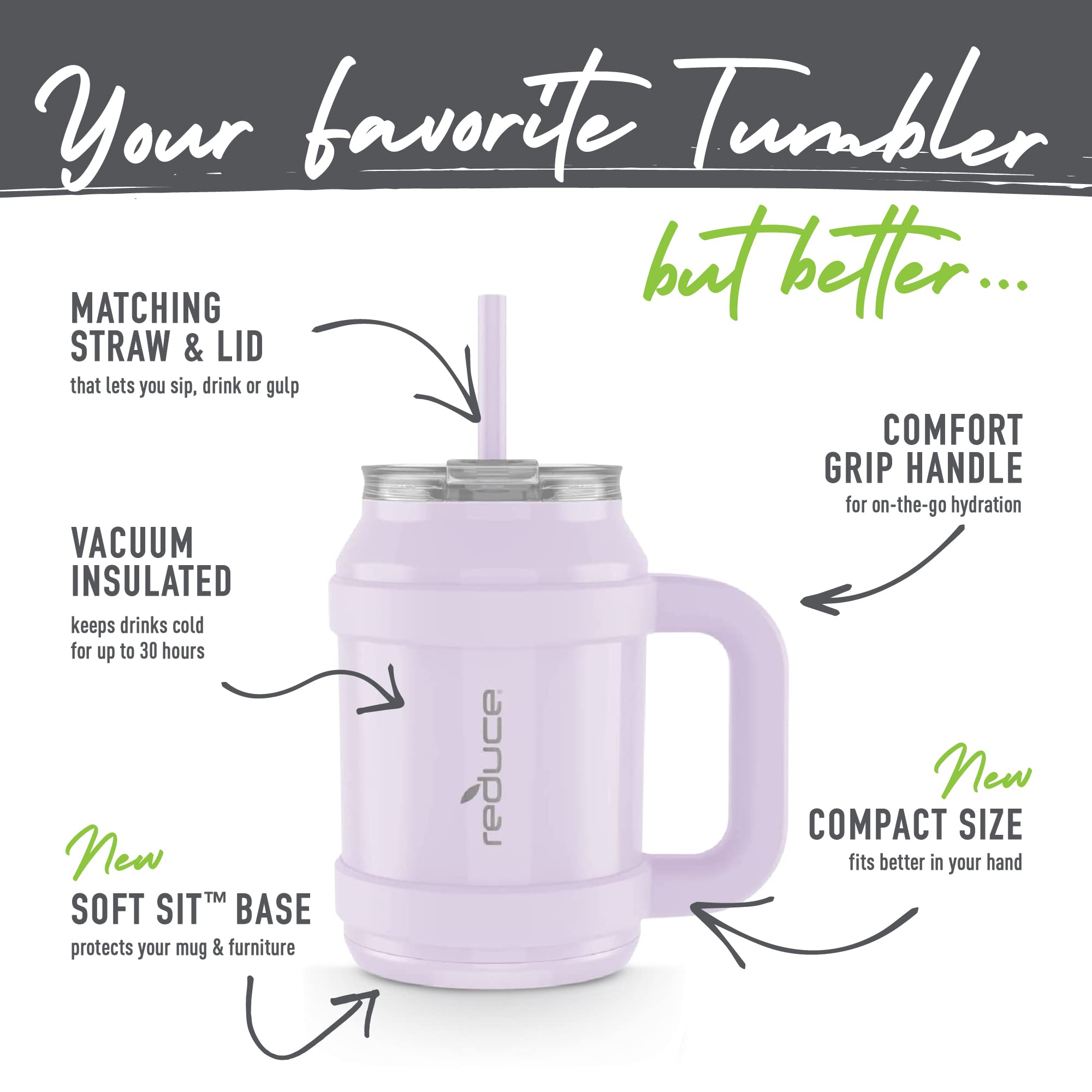 REDUCE Reusable 32 oz Cold1 Mug Tumbler with Handle -Insulated Stainless Steel Water Bottle for Home, Gym or Office, Straw or Leakproof Flip Lid, Keeps Drinks Icy Cold All Day - Gloss Lilac Bud