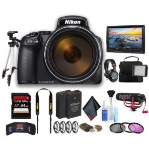 nikon coolpix p1000 digital camera (26522) professional bundle with bag, extra battery, led light, mic, filters, tripod, monitor and more - (international model) (renewed)