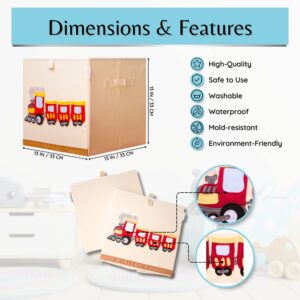 Product 4 Kids - Washable Toy Box Storage Cube, Canvas Toy Chest Organizer Foldable Kids Toy Storage Organizers for Child's Bedroom or Playroom -13x13x13 Inch (Helicopter, Train, Excavator)