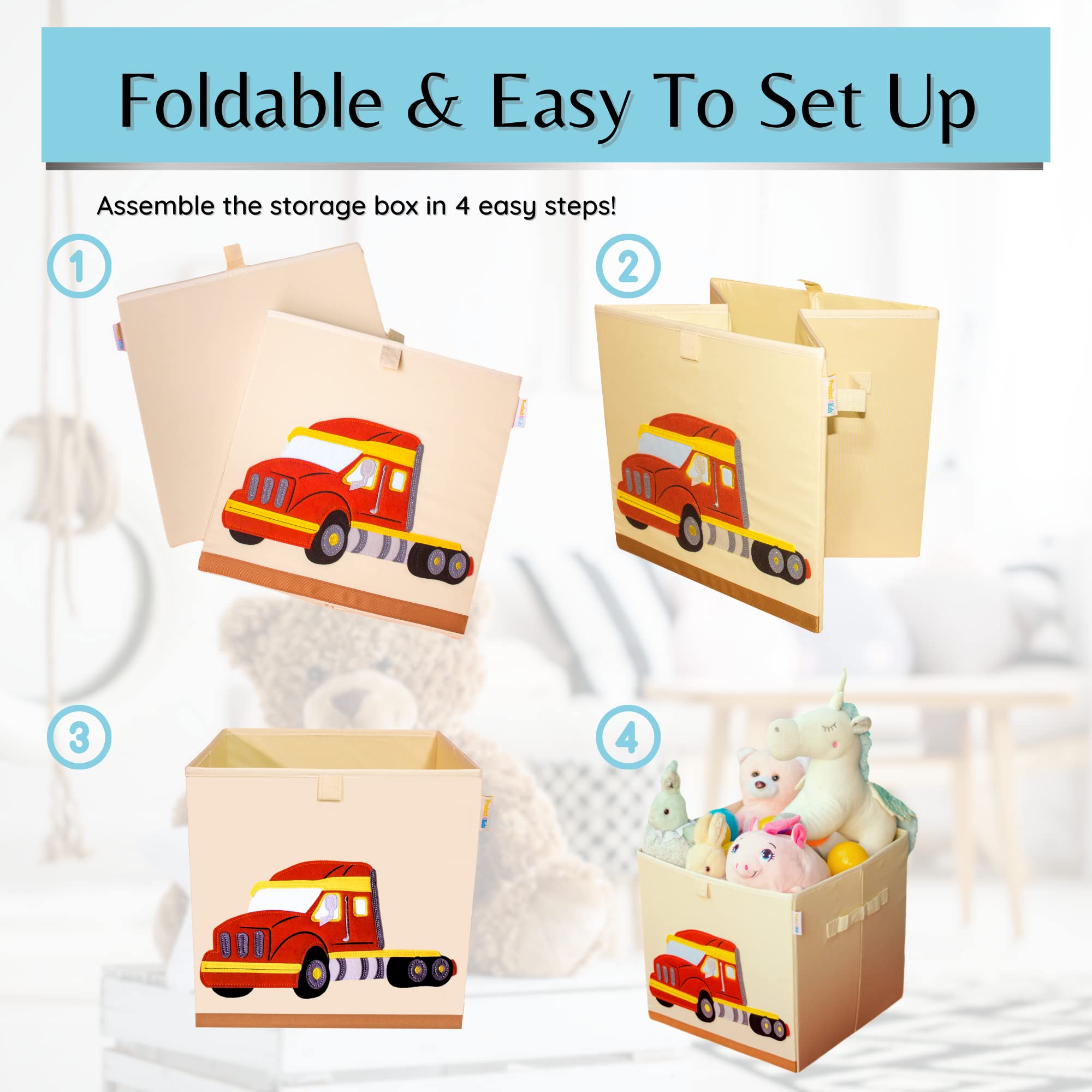 Product 4 Kids - Washable Toy Box Storage Cube, Canvas Toy Chest Organizer Foldable Kids Toy Storage Organizers for Child's Bedroom or Playroom -13x13x13 Inch (Helicopter, Train, Excavator)