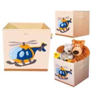 Product 4 Kids - Washable Toy Box Storage Cube, Canvas Toy Chest Organizer Foldable Kids Toy Storage Organizers for Child's Bedroom or Playroom -13x13x13 Inch (Helicopter, Train, Excavator)