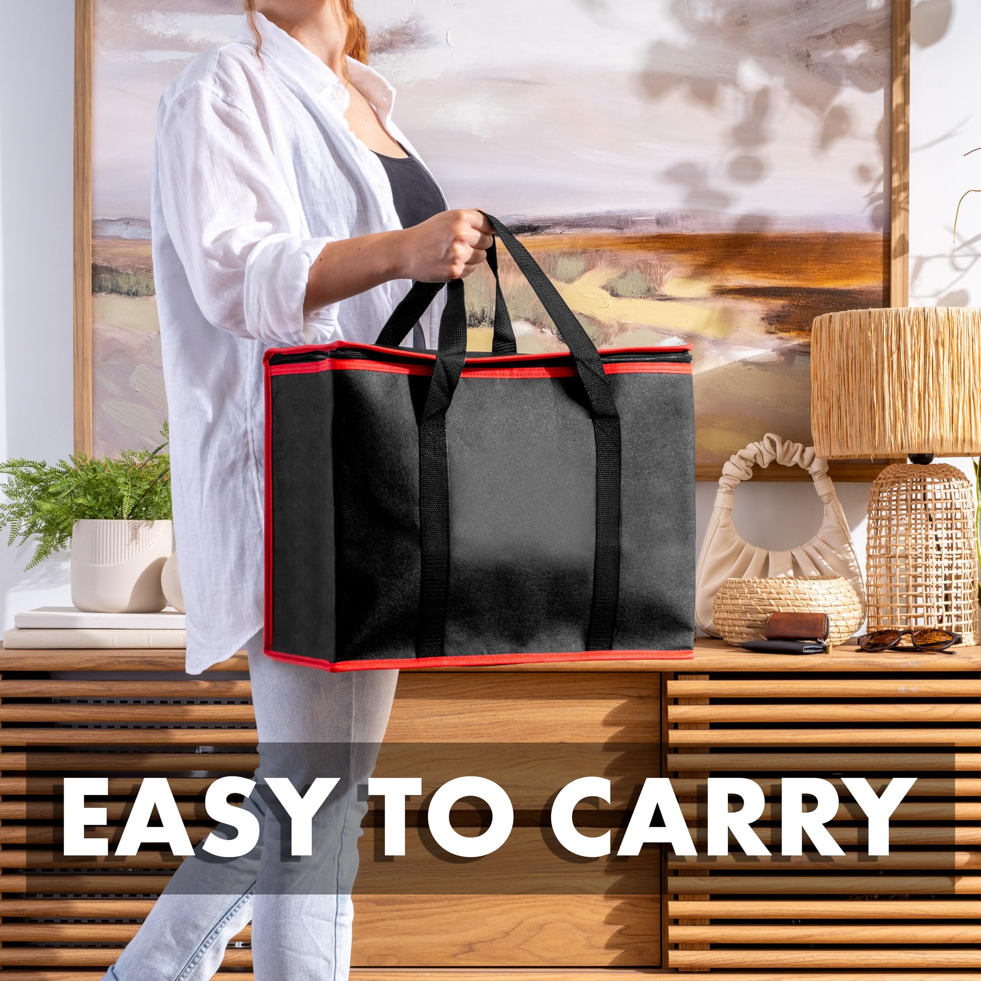 Carrywell |Not Made In China| Insulated Food Delivery and Catering Bag, Reusable Grocery Carrier,Thermal Insulation Tote for Hot and Cold Food, Pizza, Uber Eats and Doordash(1, Black w/Red Trim, XL)