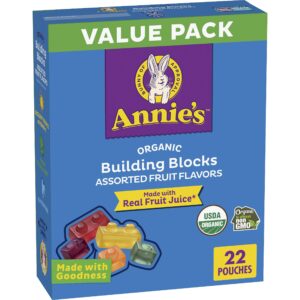 annie's organic building blocks fruit flavored snacks, assorted fruit flavors, gluten free, 22 pouches, 15.4 oz.