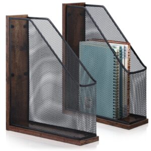 perkoop 2 pcs mesh magazine file holder metal wooden magazine file holder antique mesh wire file organizer desktop magazine rack metal desk organizer for document folder school office file storage