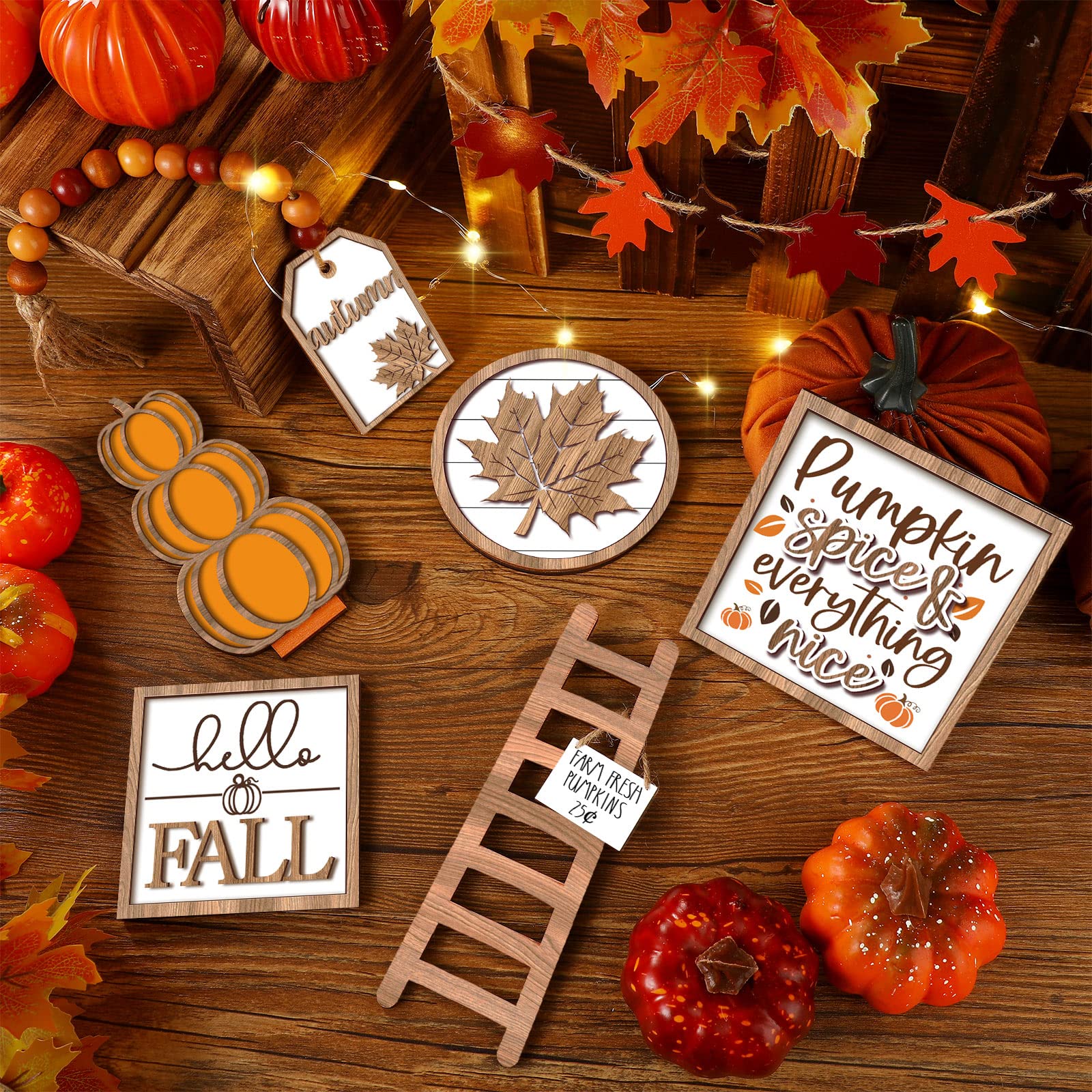 13 Pcs Fall Tiered Tray Decor Set Thanksgiving Pumpkin Gnome Rustic Farmhouse Decor Fall Decor Autumn Harvest Decorative Trays Wooden Tabletop Signs for Home Kitchen (Rustic Style)